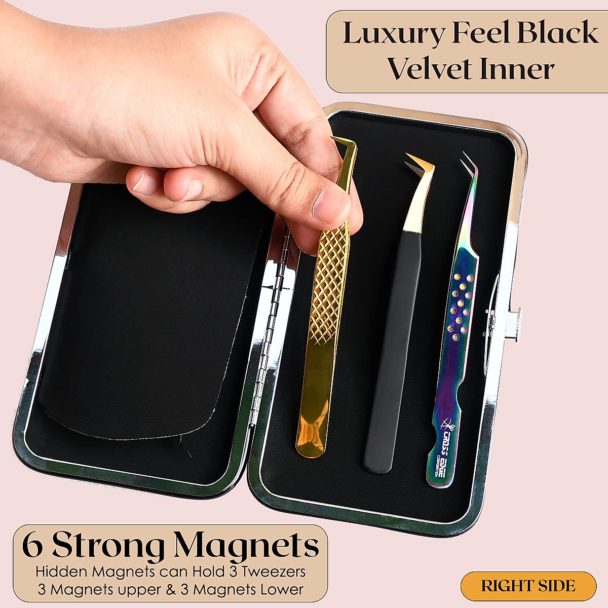 Cross Edge Corporation Empty Glittery Eyelash Extension Tweezers Storage Case Multipurpose Portable lash Tweezers Magnetic Box Hold 6 Tweezers - Keep Your Beloved Lash Tweezers Safe & Secure (Black)