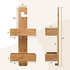 LOKO Bamboo Hanging Shower Caddy, Natural & Waterproof Bamboo Shower Rack w/ 2 Storage Baskets & 2 Hanging Hooks, 2-Tier Bathroom Shower Organizer Holder for Shampoo, Conditioner, Soap