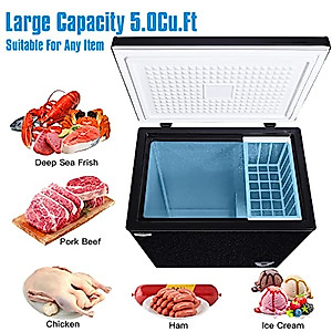 5.0 Cu. Ft Deep Freezer WANAI Chest Freezer Small Freezers with Storage Basket Top Open Door Mini Compact Freezer 7 Temperature Control for Home Garage Apartment Kitchen Office Black