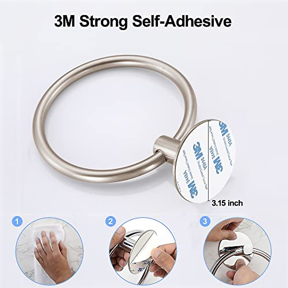 No Drilling Self Adhesive Towel Holder, Stainless Steel Towel Ring, Bathroom and Kitchen Towel Rack (Brush Nickel)