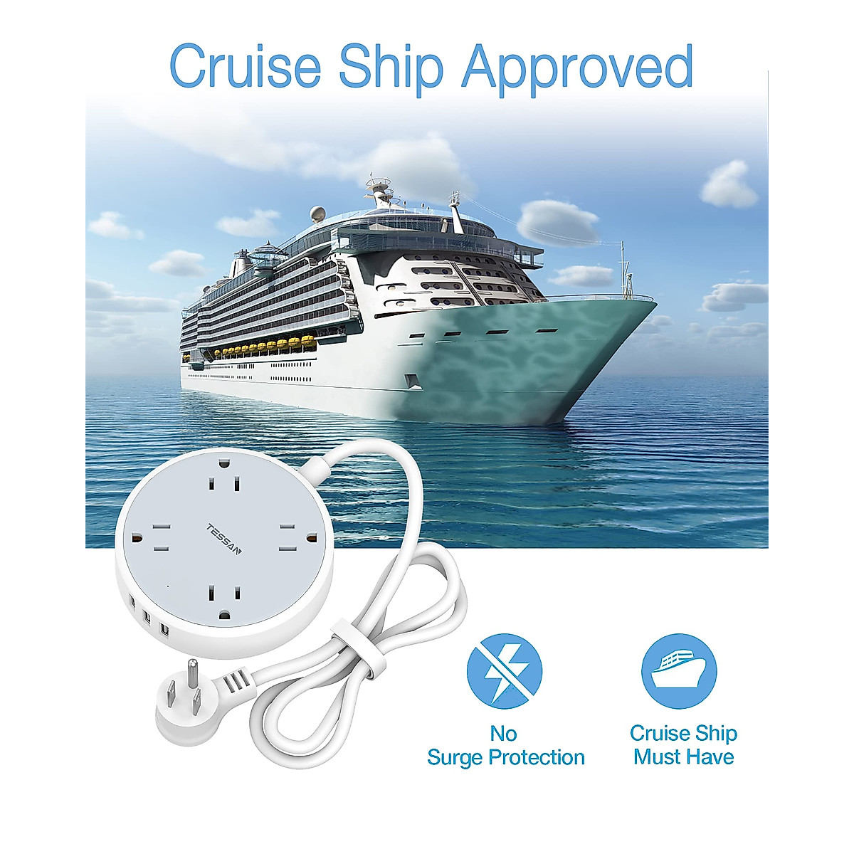 Power Strip with USB, TESSAN Cruise Extension Cord with 4 Wide Spaced Outlets and 3 USB Ports, Small Desk Charging Station Flat Plug 4.5ft Extender for Travel, Cruise Ship Must Have, Dorm Essentials
