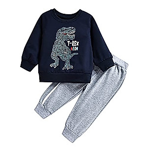 HIHA Dinosaur Outfits Boys 12-18 Months T-Rex Dinosaur Clothes Toddler Boy Sweatsuit Long Sleeve Navy Sweatshirts Grey Jogger Pants Set Little Boys Fall Winter Outfits(Gray, 12-18 Months)