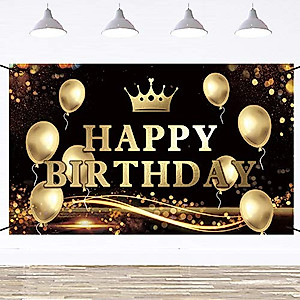 Ushinemi Happy Birthday Backdrop Banner with Gold Balloons Sign for Party Decorations, Large Birthday Party Decorations Photo Background, Black and Gold, 6 x 3.6 Feet