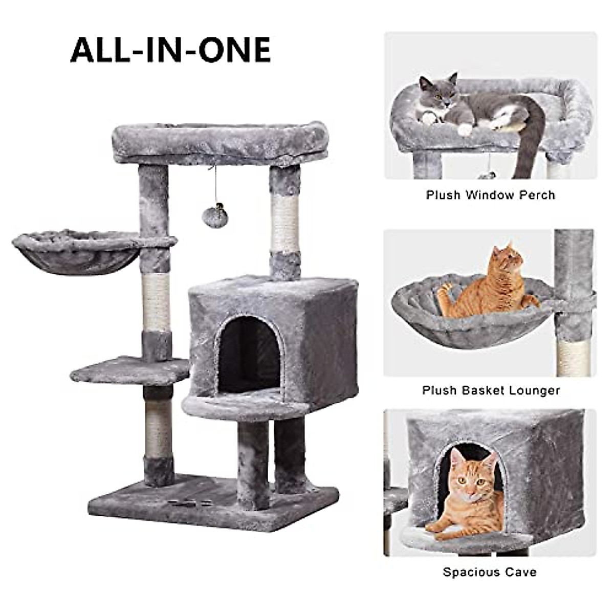 MQ Cat Tree Tower 36.7in with Padded Plush Perches, Condo, Hammock & Cat Scratching Post for Kittens, Large Cats, Gray