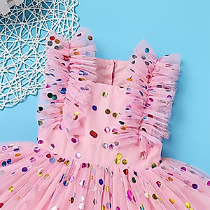 Baby Girls 1st Birthday Outfit Colorful Polka Dots Print Tulle Romper Ruffle Shoulder Straps Sleeveless Square Neck Princess Party Tutu Dress Cake Smash Clothes for Photo Shoot Pink 12-18 Months
