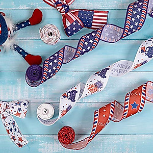 Whaline 5 Patriotic Ribbon Roll 4th of July Stars and Stripes Burlap Wired Edge Ribbon 25 Yards White Blue Red Decorative Ribbon for Independence Day Gift Wrapping DIY Wreath Bow Craft Sewing