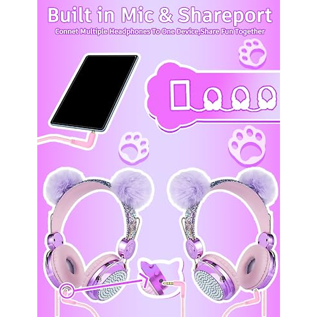 charlxee Kids Pom Headphones with Mic for Travel/Car/Plane,Added 85DB Limit Function&Shareport,Unicorns Gifts for Girls,On/Over Ear HD Stereo Wired Headsets with Nylon Cable-Hot-Purple