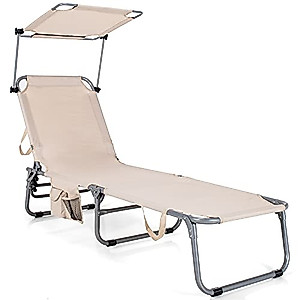 Giantex Outdoor Folding Chaise Lounge, Portable Reclining Chair with 5 Adjustable Positions, 360°Rotatable Canopy Shade, Side Pocket, Patio Lounge Chair for Beach, Lawn Sunbathing Chair (1, Beige)