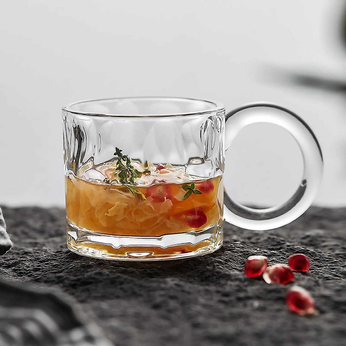 HolaJia Espresso Cups Glass Coffee Mugs 8.4 Oz Set of 2,Clear Embossed Tea Cups,Vintage Glassware with handle,Demitasse Glasses for Cappuccino,Latte,Hot Beverage(Begonia)