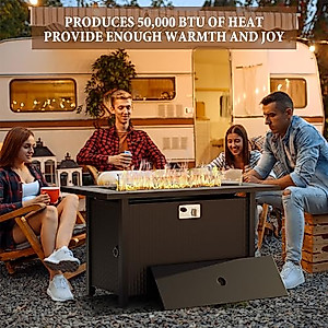 Walsunny 45 inch Outdoor Propane Fire Pit 50,000 BTU Gas Fire Pit Table with Lid, Glass Wind Guard, Waterproof Cover, Rectangle Gas Firepit Table for Garden/Patio, CSA Certification