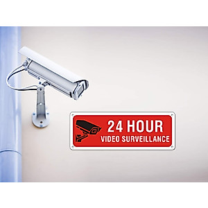 Video Surveillance Metal Sign Under 24 Hour for Business House Camera Security Warning Aluminum Sign CCTV (2 Pack 10 x 3.5 inches)