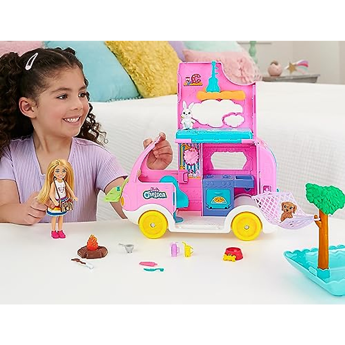 Barbie Toy Camper & Chelsea Doll, 2-in-1 Playset with 2 Pets & 15 Accessories, Vehicle Transforms into Camp Site (Amazon Exclusive)