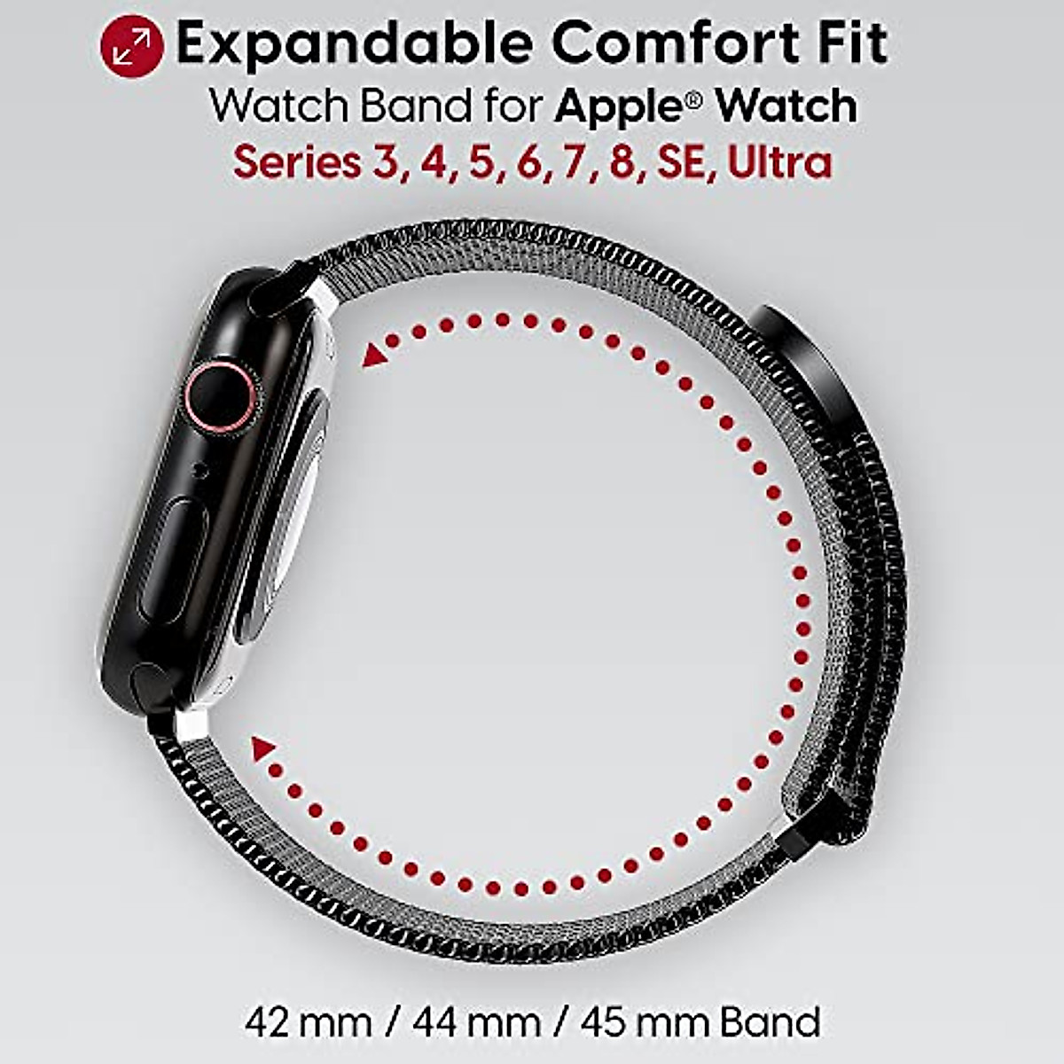 TALK WORKS Expandable Watch Band Compatible with Apple Watch Series - 42mm / 44mm / 45mm - Magnetic Closure - Stainless Steel Mesh Loop Comfort Fit Strap for Women and Men - Black