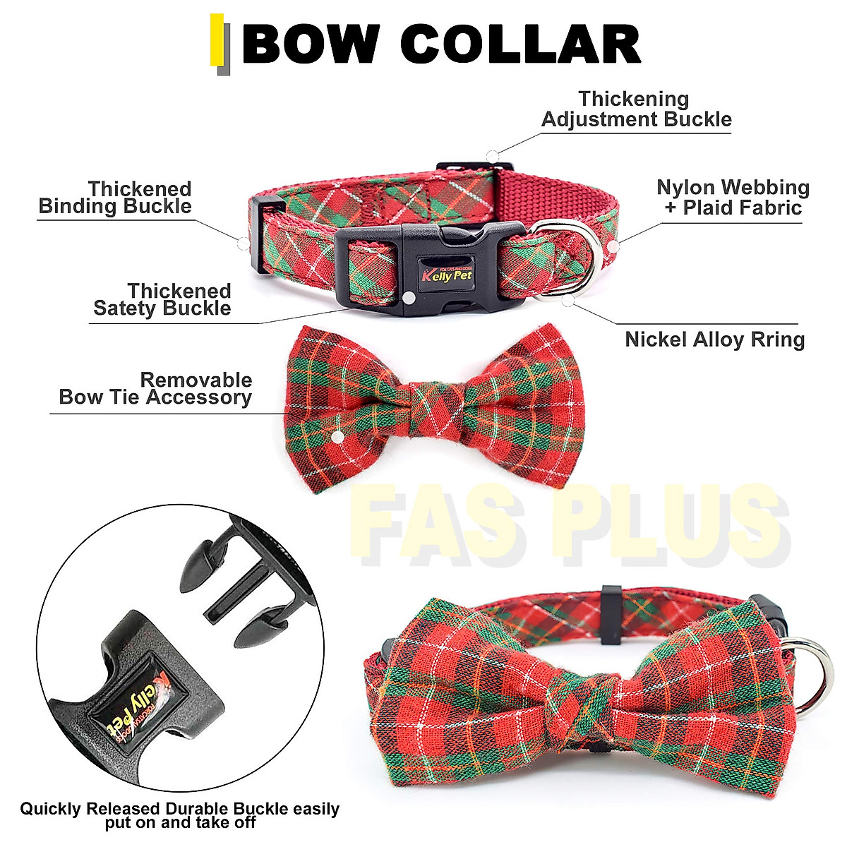 Fas Plus No Pull Dog Harness and Leash Set with Bow Tie Collar,Adjustable Vest Harness Back Clip Heavy Duty 4FT Leash for Small, Medium, Large and Extra Large Dogs.(Red/Green-XL)