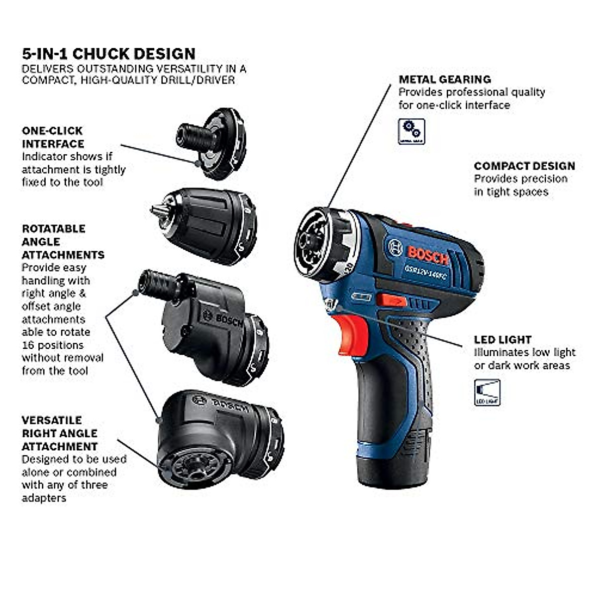 Bosch GSR12V-140FCB22 Cordless Electric Screwdriver 12V Kit - 5-In-1 Multi-Head Power Drill Set