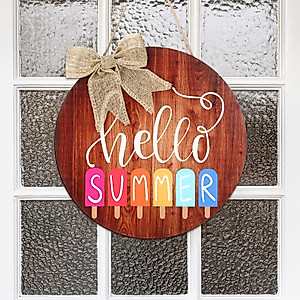 Hello Summer Sign 12 x 12 Inch Summer Welcome Sign Front Door Decor Farmhouse Porch Decoration Round Wooden Hanging Sign for Home Beach Restaurant Shop
