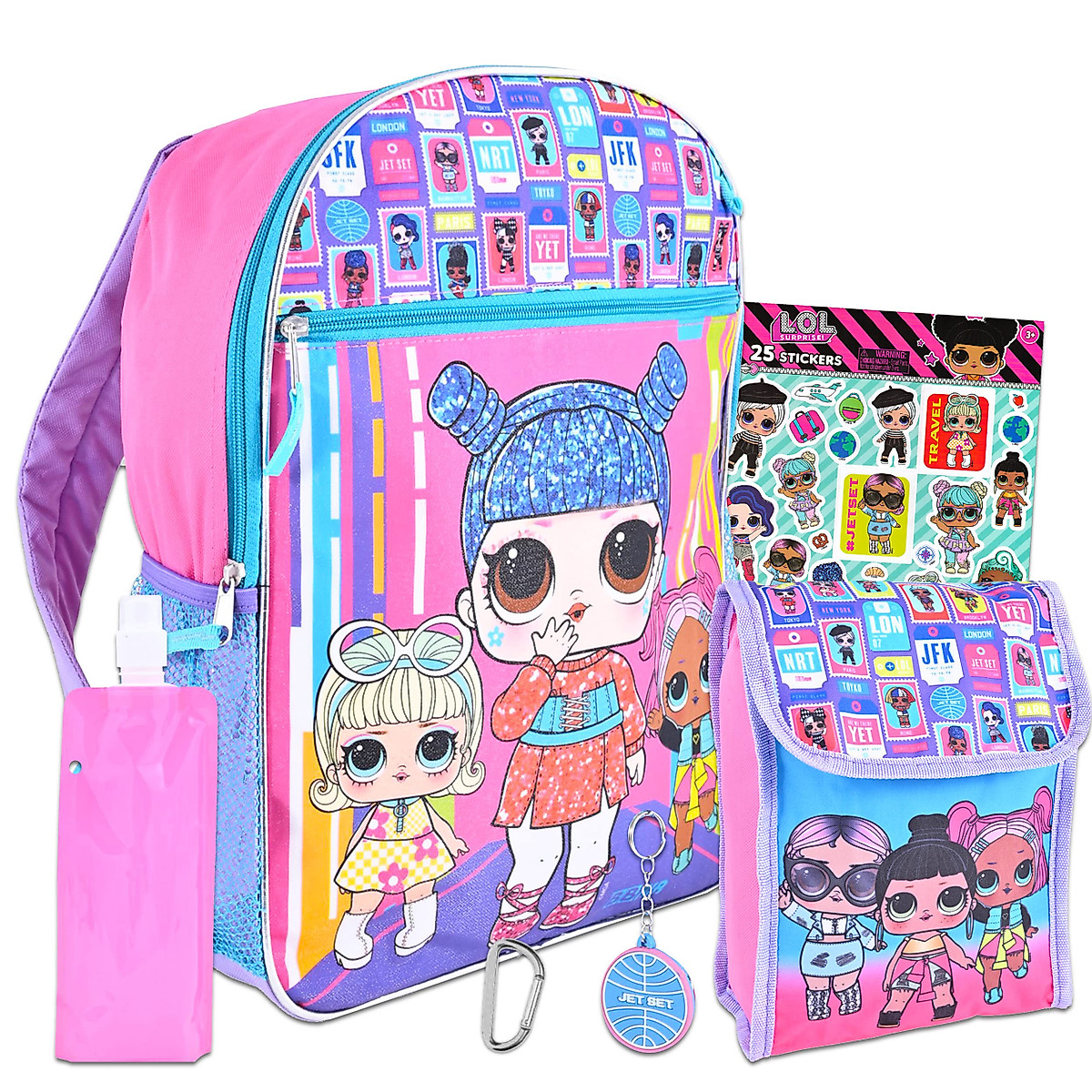 LOL Dolls Backpack and Lunch Box for Girls Bundle ~ Deluxe 16" L.O.L Backpack, Insulated Lunch Bag, and Over 300 LOL Stickers (LOL Dolls School Supplies)