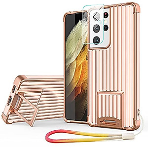PTUONIU Kickstand Case for Samsung Galaxy S21 Ultra, [Two-Way Stand] [Reinforced Drop Protection] [Anti-Scratch] Slim Shockproof Stand Case with Camera Protector+Strap for Samsung S21 Ultra-Rose Gold