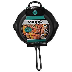 Mirro MIR-19053 12" Pre-Seasoned Ready to Use Round Cast Iron Skillet with Helper Handle, Black