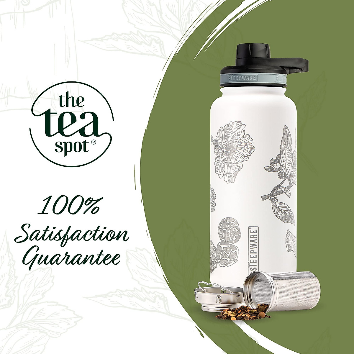 The Tea Spot Himalayan Tea Tumbler - Travel Bottle with Tea Infuser for Loose Leaf Tea or Iced Coffee - 32oz, White-Etched - Double-Walled Insulated Bottle - Keeps Drinks Hot & Cold for Hours