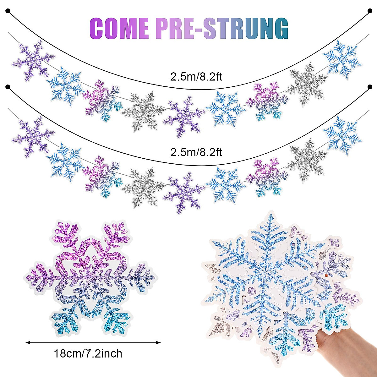 TaoBary 2 Pack Frozen Snowflake Banner Garland Frozen Birthday Party Decorations Winter Snowflake Banners Blue Purple Silver Glitter Snowflake Garland for Wonderland Baby Shower Decorations