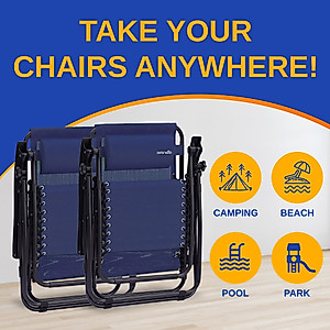 SereneLife Zero Gravity Chairs Set of 2 - Adjustable Mesh Lawn Chairs - Outdoor Lounge Chairs with Side Table 2 Cup Holders - Foldable Outdoor Chair with Removable Pillows - Gray