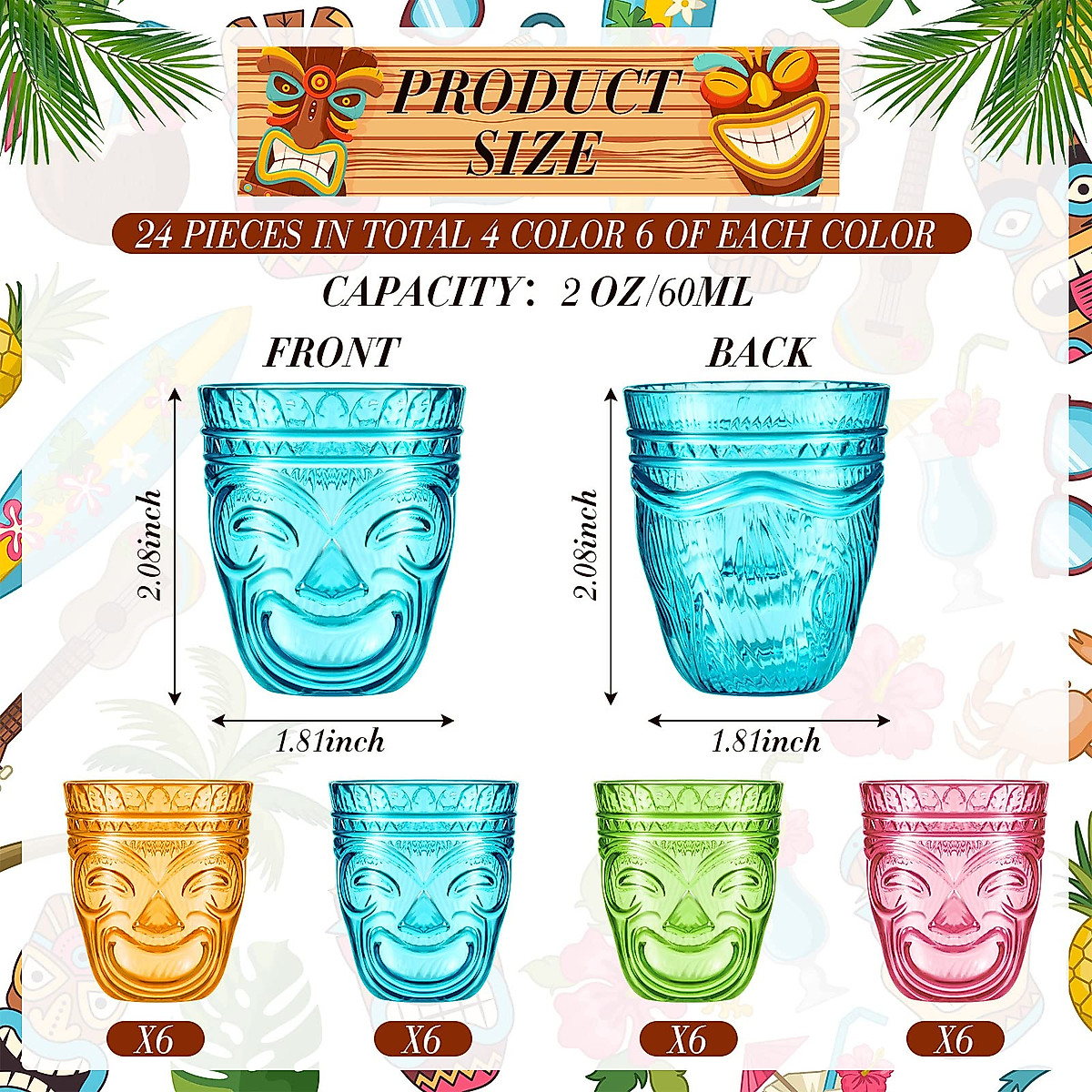Irenare 24 Pcs Tiki Shot Glasses Hawaiian Style Tiki Cups Plastic Tiki Mug Tiki Bar Accessories Stackable Cocktail Party Shot Glasses Hold 2 oz Luau Party Supplies for Drinking(Trendy)