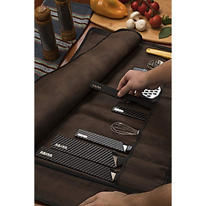Asaya Canvas Chef Knife Roll Bag - 10 Knife Slots and a Large Zipper Pocket - Durable 10oz Canvas Knife Case with an Adjustable Shoulder Strap - Knives not Included
