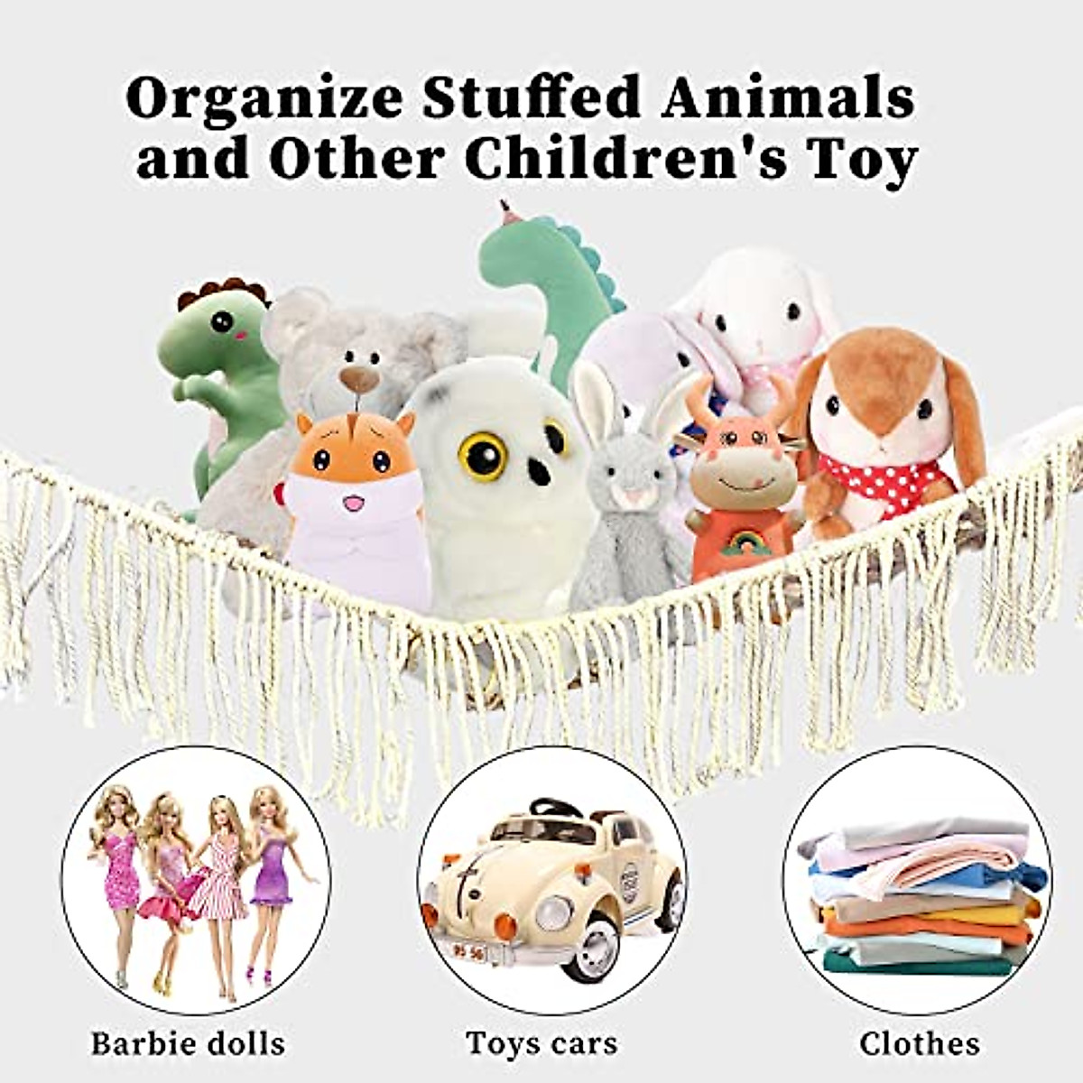 Boho Stuffed Animals Net Or Hammock Large,55 inch Toy Hammock Macrame Stuff Animal Storage Corner Hanging Net Holder,Mesh Hammock Plush Toy Organizer with Tassel & Hooks for Bedroom