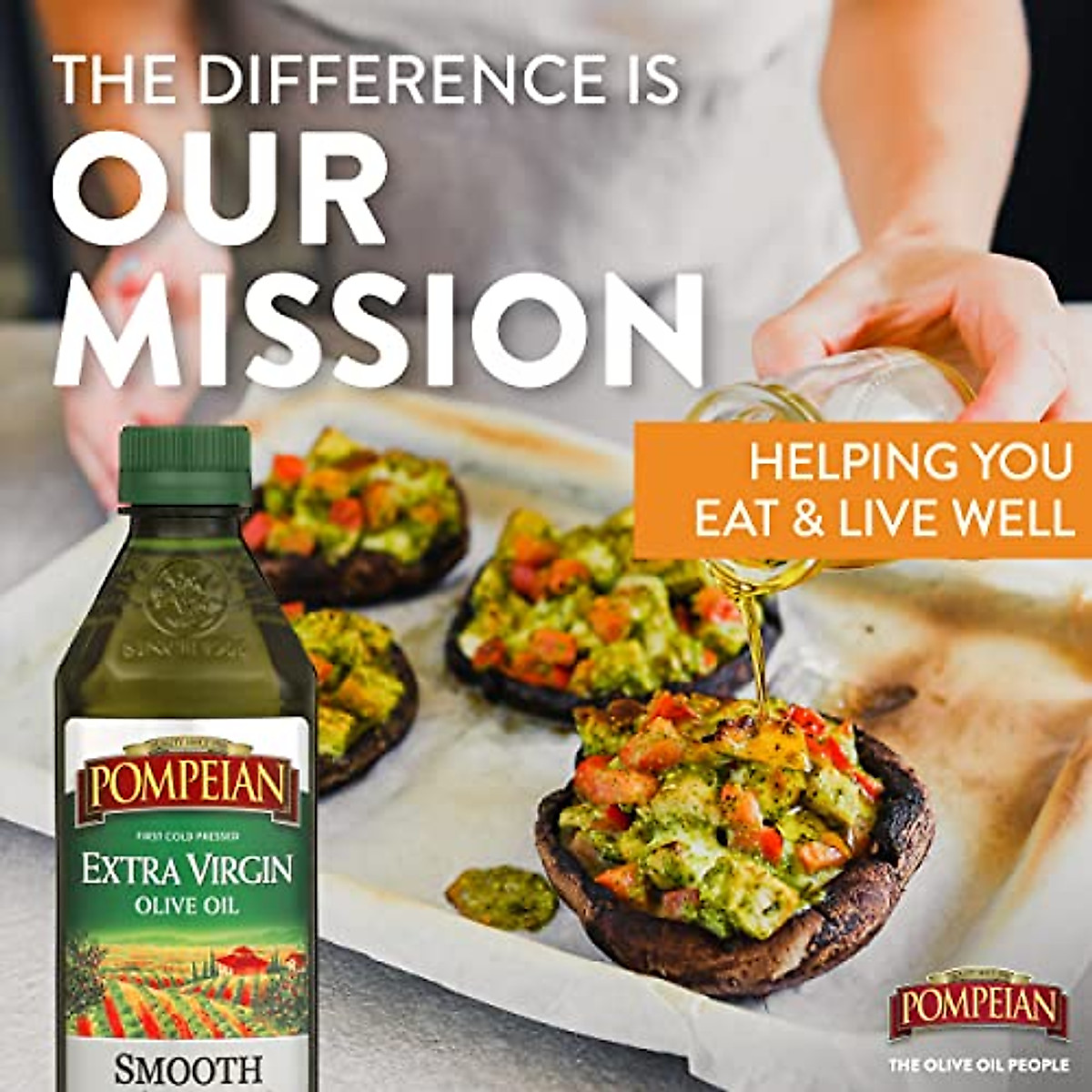 Pompeian Smooth Extra Virgin Olive Oil, Contains Polyphenols, First Cold Pressed, Mild and Delicate Flavor, Perfect for Sauteing & Stir-Frying, Naturally Gluten-Free, Non-GMO, 32 Fl Oz, Single Bottle