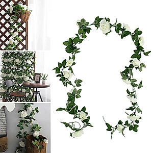 Menoeceus 2 Pack Artificial Silk Rose Vines Garland Fake Flower Plants Arts Hanging Decoration for Outdoor Indoor Home Kitchen Garden Office Wedding Ceremony Hotel Party Art Decor (White)