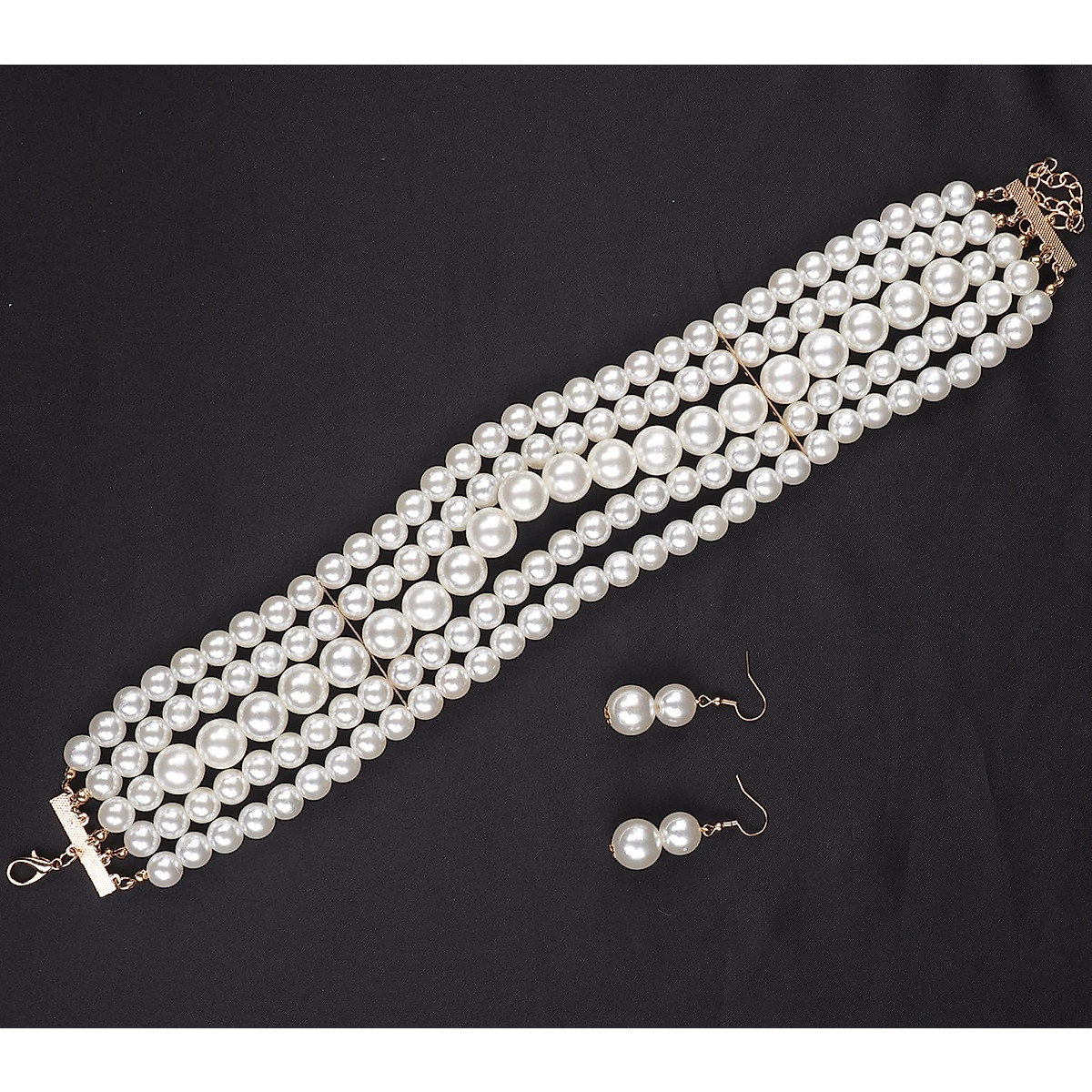 Wekicici Pearl Necklace Earrings Set Multi-Layer Pearl Choker Necklace Costume Accessories for Women