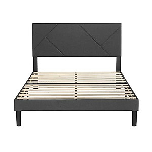 SHA CERLIN Queen Size Bed Frame with Geometric Upholstered Headboard, Platform Bed with 8 Inches Under-Bed Space, Wood Slats Support, Noise Free, No Box Spring Required, Grey