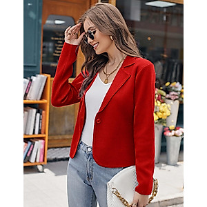 Women Knit Blazer Jackets Work Casual Long Sleeve Button Dressy Cardigan Cropped Sweater Blazer Red S