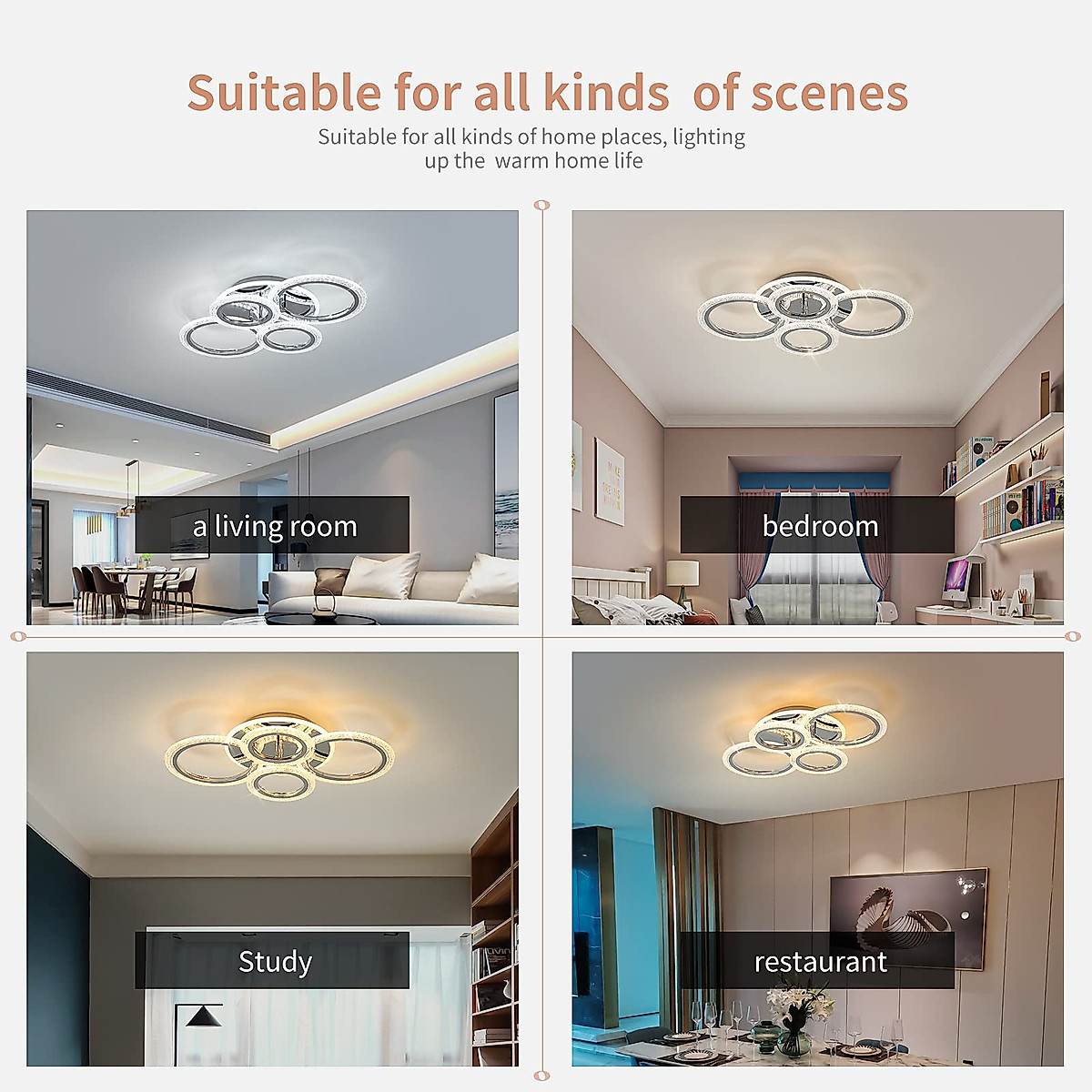 Garwarm Modern Ceiling Light 58W Dimmable Flush Mount LED Ceiling Lamp 4 Rings Acrylic Ceiling Chandelier for Living Room Dining Room Bedroom,Chrome