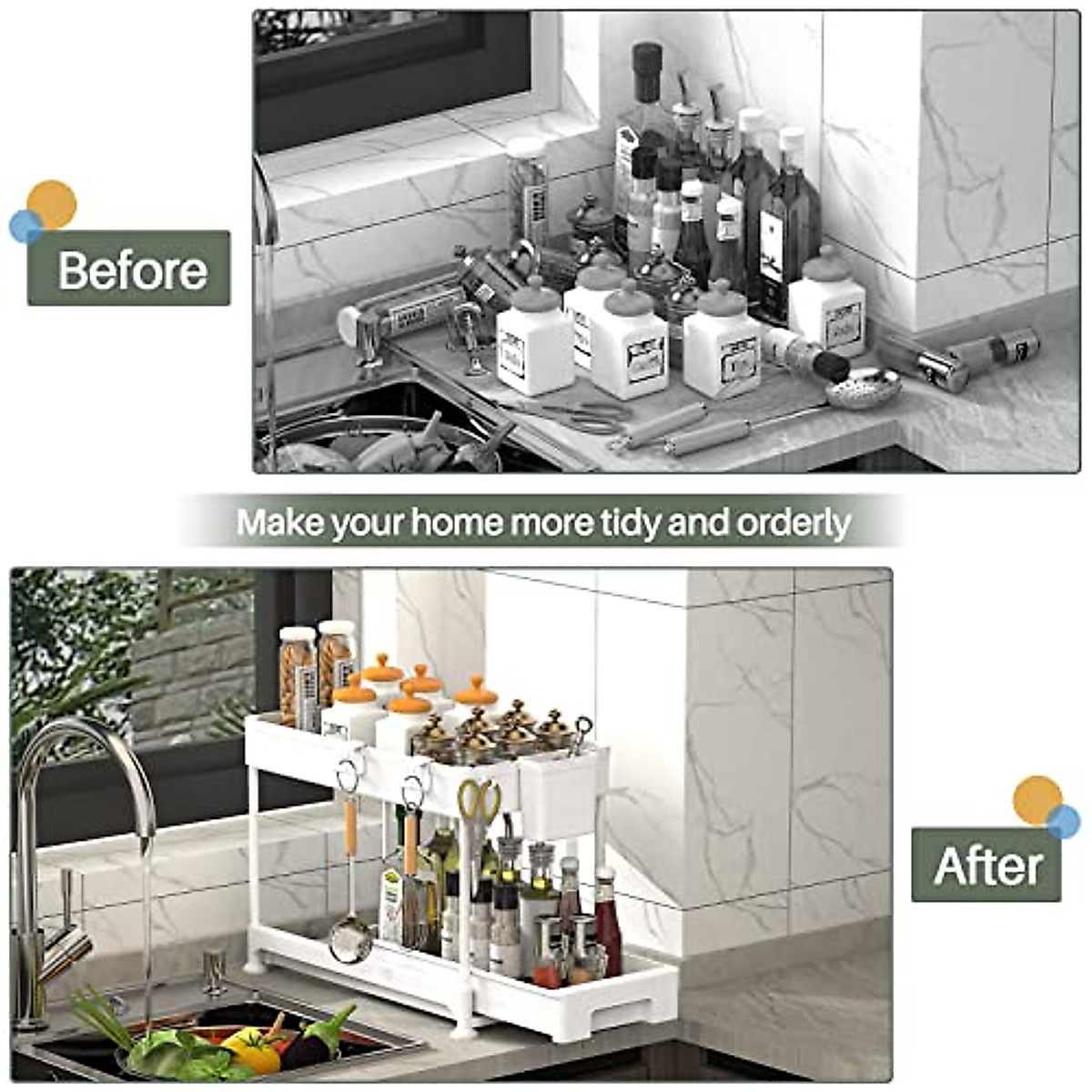 SPACELEAD Under Sink Organizers and Storage for Bathroom 2 Tier Sliding Cabinet Basket Organizer Drawers , Kitchen with Hooks The Bottom Can Be Pulled Out White