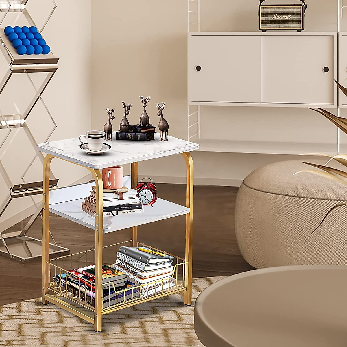 Garden 4 you End Table 2PC Side Table 3 Tiers White Marble Nightstand Industrial Retro Storage Shelf for Living Room Bedroom Kitchen Family and Office,Stable Wood and Metal Frame