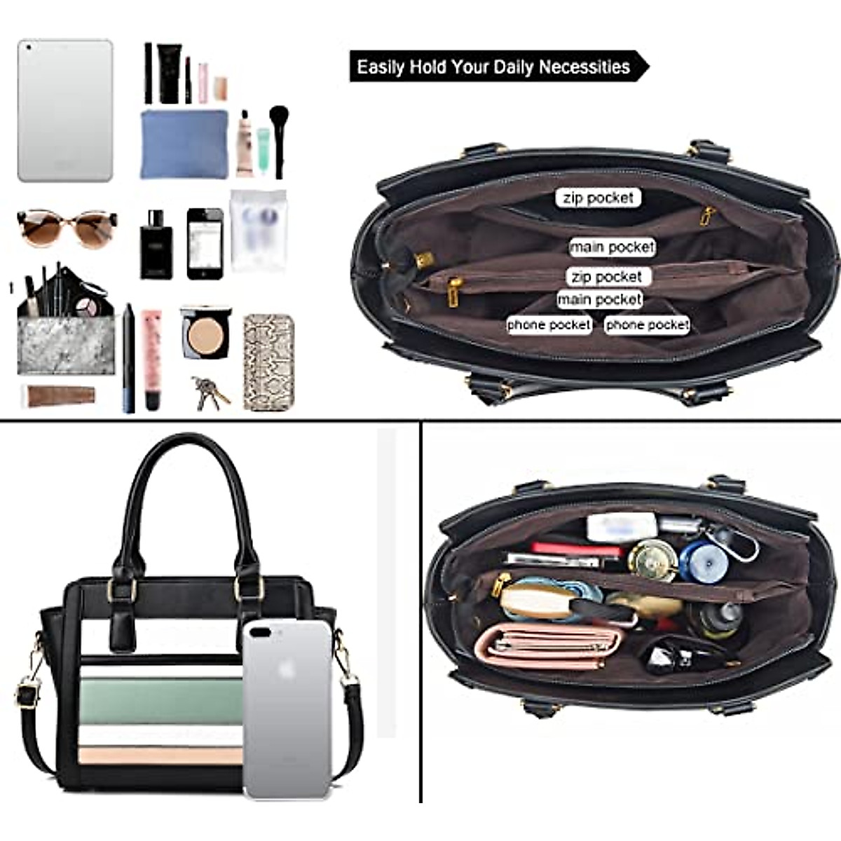 ZiMing® Handbag Set for Women Faux Leather Tote Bag Top Handle Bag Stripe Splicing Purse Wallet Clutch 2Pcs Set-Green