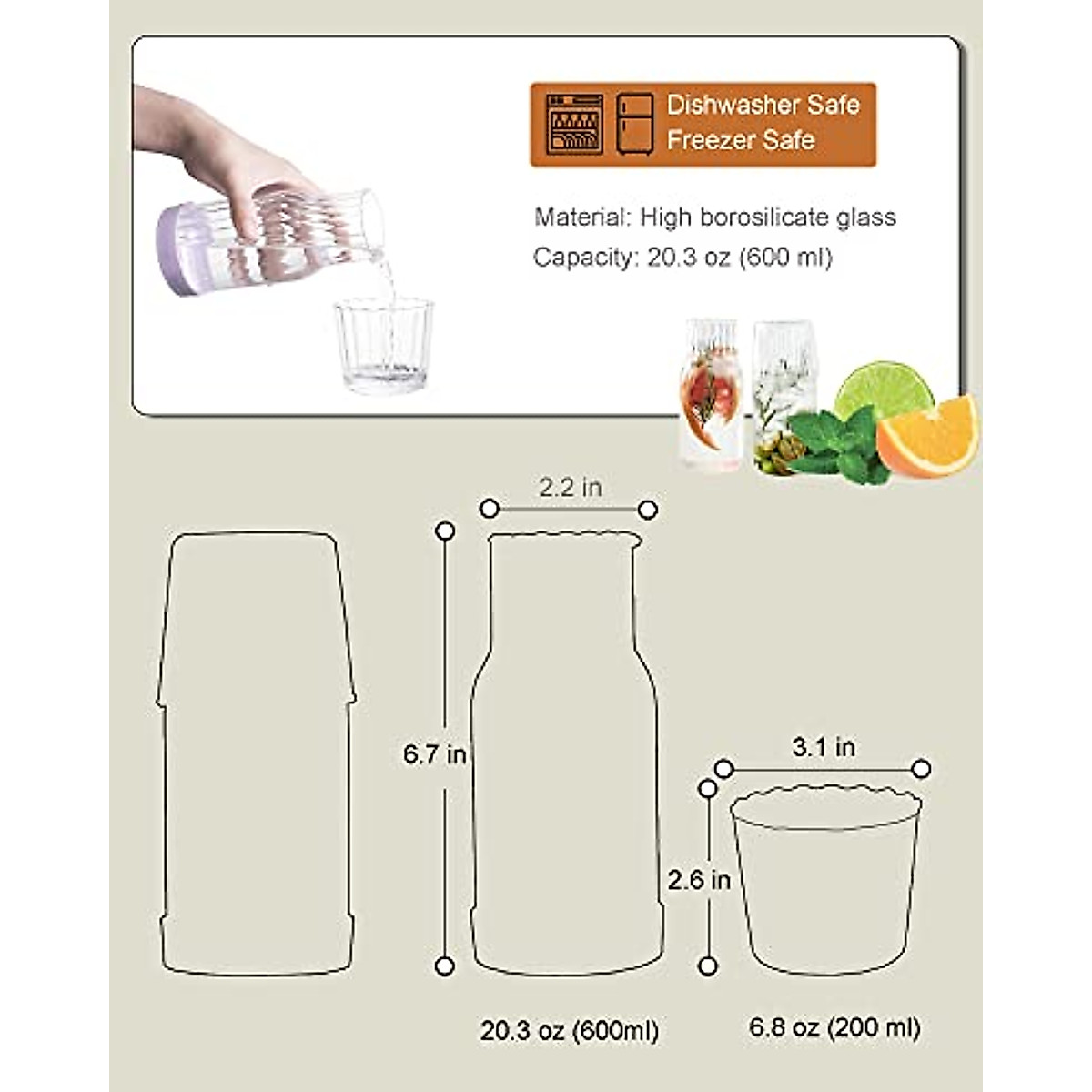 Bedside Carafe with Cup, 600ml Bedside Water Carafe Set Bottle Water Jug, Clear Glass Mouthwash Container Decanter, Ribbed Night Water Carafe with Glass Cup for Nightstand, Guest Bedroom, Bathroom