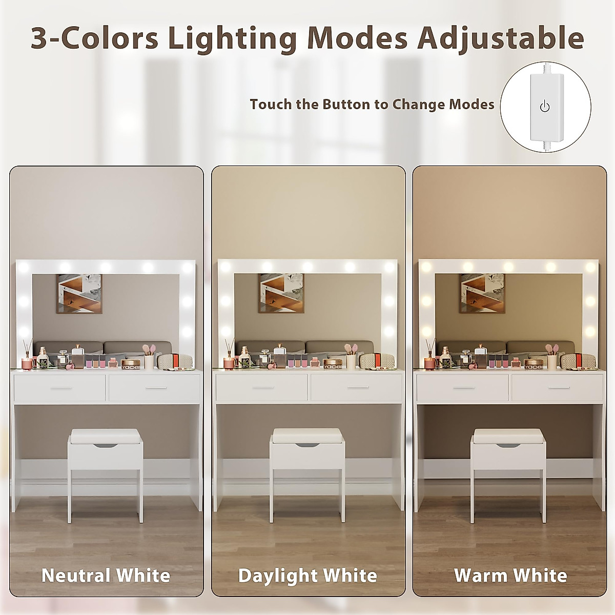 Furmax Vanity Desk Set with Large Lighted Mirror, 35.4 Inch Makeup Vanity Table with 2 Drawers, Cushioned Storage Stool, 3 Lighting Modes Brightness Adjustable, Dressing Table for Bedroom (White)