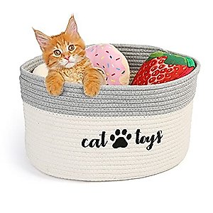 PrimePets Cat Toy Basket, Cotton Rope Storage Basket with Handles, Small Woven Pet Toy Box Bin for Blankets, Leashes, 15x10x9 inch Cat Toy Holder Container, White and Grey