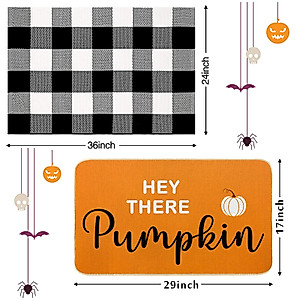 Hey There Pumpkin Door Mat 2 Pcs Fall Welcome Mat with Buffalo Plaid Rug Fall Decor - Autumn Thanksgiving Halloween Front Porch Entryway Outdoor Entrance Doormat