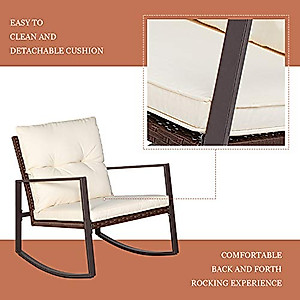 SUNCROWN 3-Piece Outdoor Rocking Bistro Set Brown Wicker Patio Furniture Conversation Sets with Glass Coffee Table (Beige Cushion)