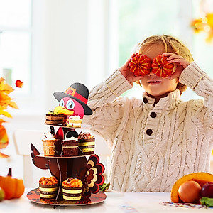 Uiifan Thanksgiving Day Cupcake Stand 3 Tiers Turkey Maple Leaf Cardboard Cake Dessert Holder Tower Cookie Trays for Fall Autumn Thanksgiving Decorations Party Supplies