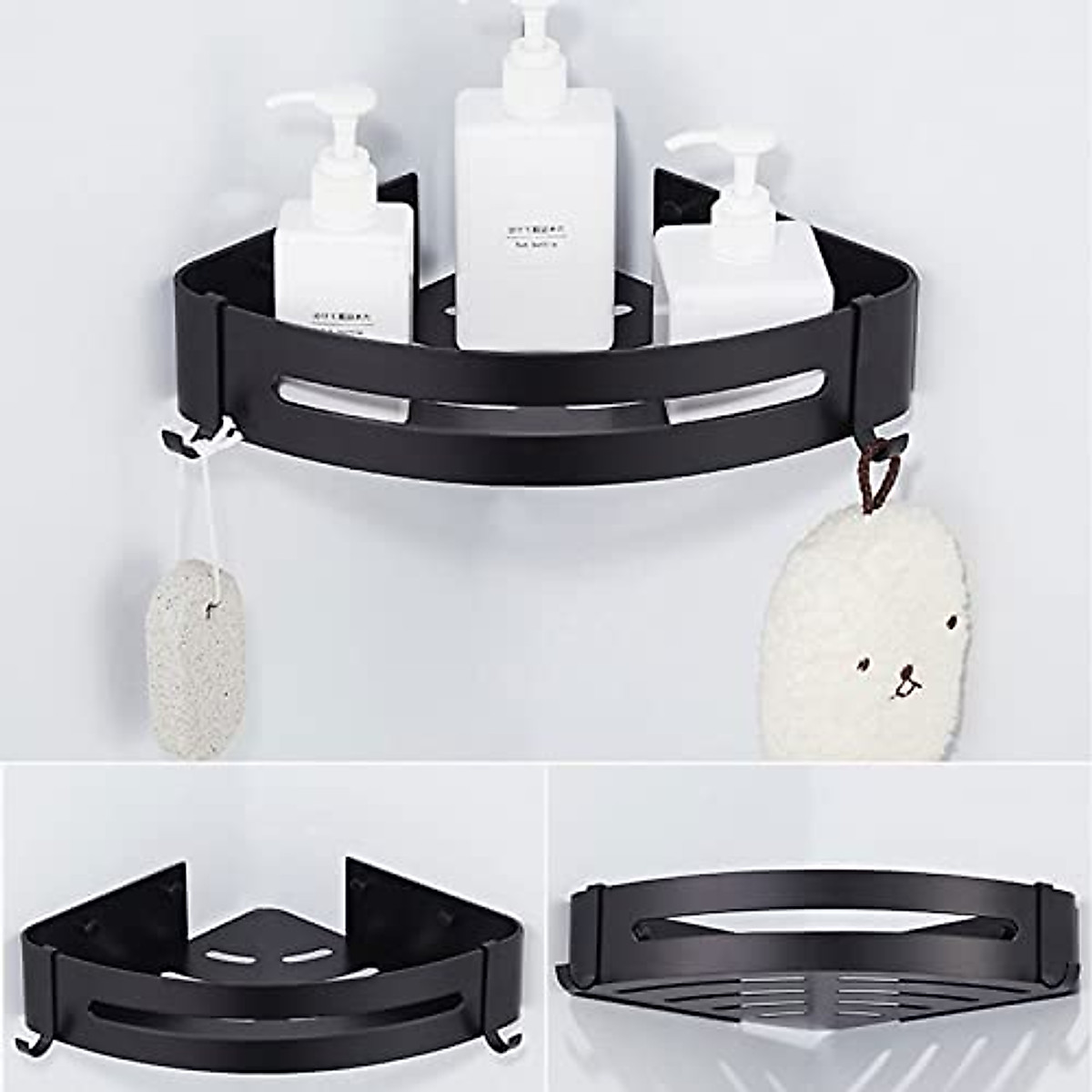 Adhesive Bathroom Shower Shelf Corner Holder,1 Pack 304 Black No Drilling Stainless Steel Triangle Holder with 4 pcs Removable Hooks Shower Shelf Corner Bathroom Set for Kitchen Toilet Shower Shelves