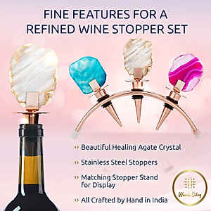Wine Stoppers, Decorative Wine Bottle Stoppers with Rose Gold stand. Set of 3 Crystal Wine Corks, Stainless steel Champagne Toppers, Wine accessories, gift and more by Wanda Living