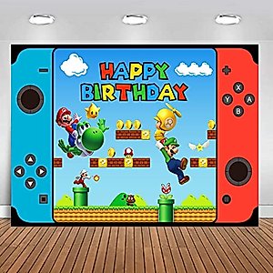 7x5 FT Super Bros Mario Birthday Party Background Decoration,Mario Video Game Photography Vinyl Photo Background