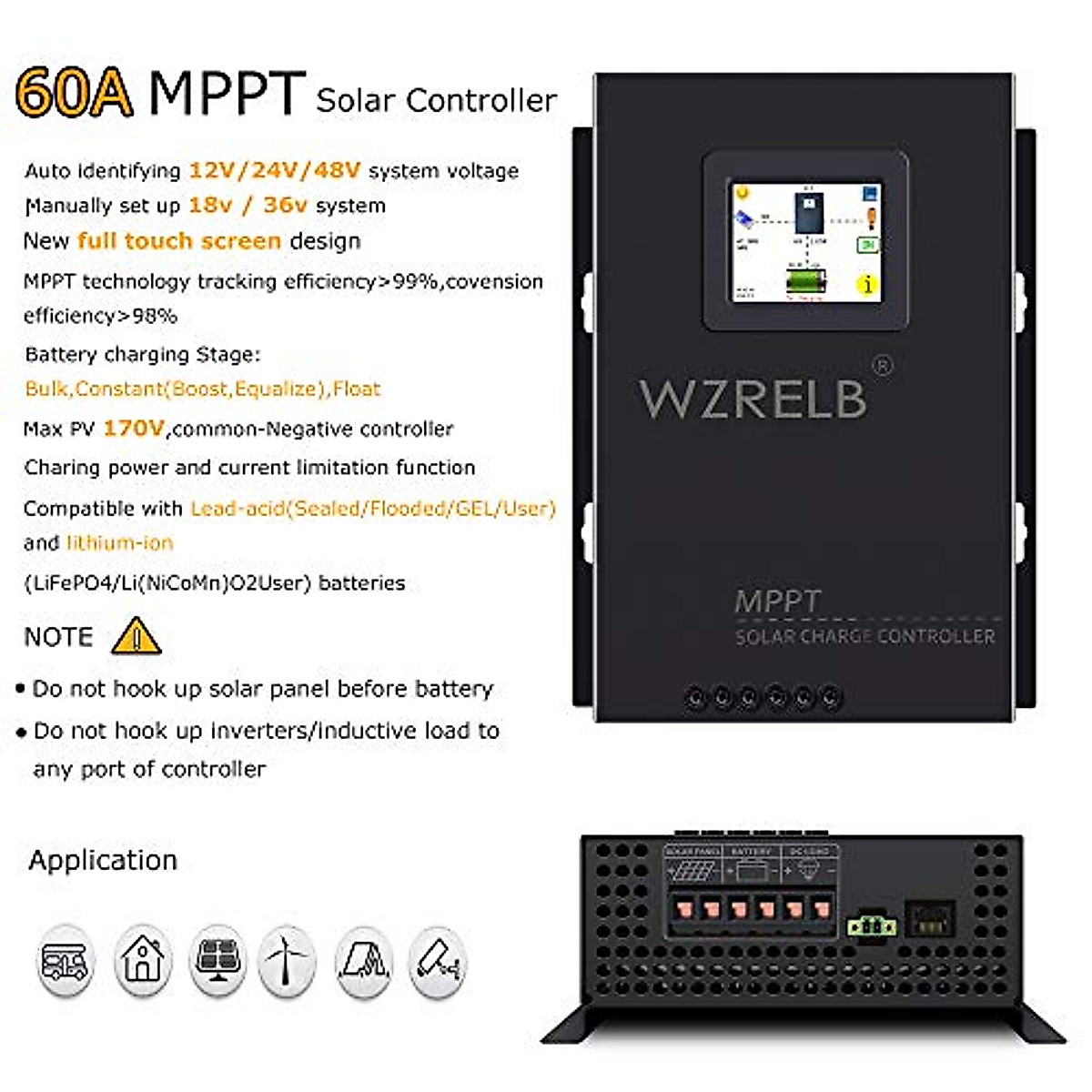WZRELB 60A MPPT Solar Charge Controller 12V/24V/48 Auto , 18V/36V Manual, Battery Charger Controller，LCD Full Touch Screen Design