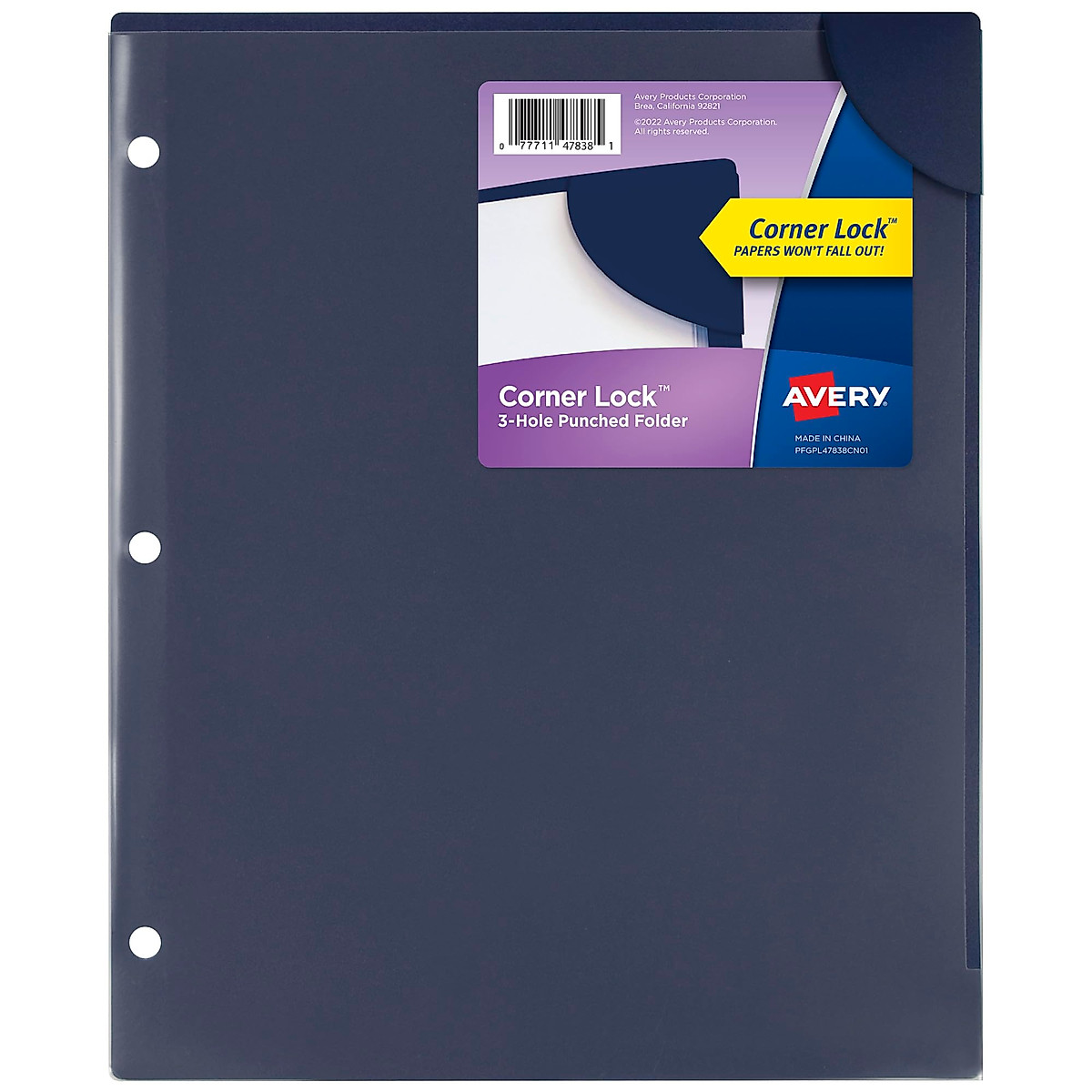 Avery Corner Lock Binder Pocket for 3 Ring Binders, Navy Blue with Clear Front, for 8.5" x 11" Documents, Acid-Free and Archival-Safe, 1 Binder Folder (47838)