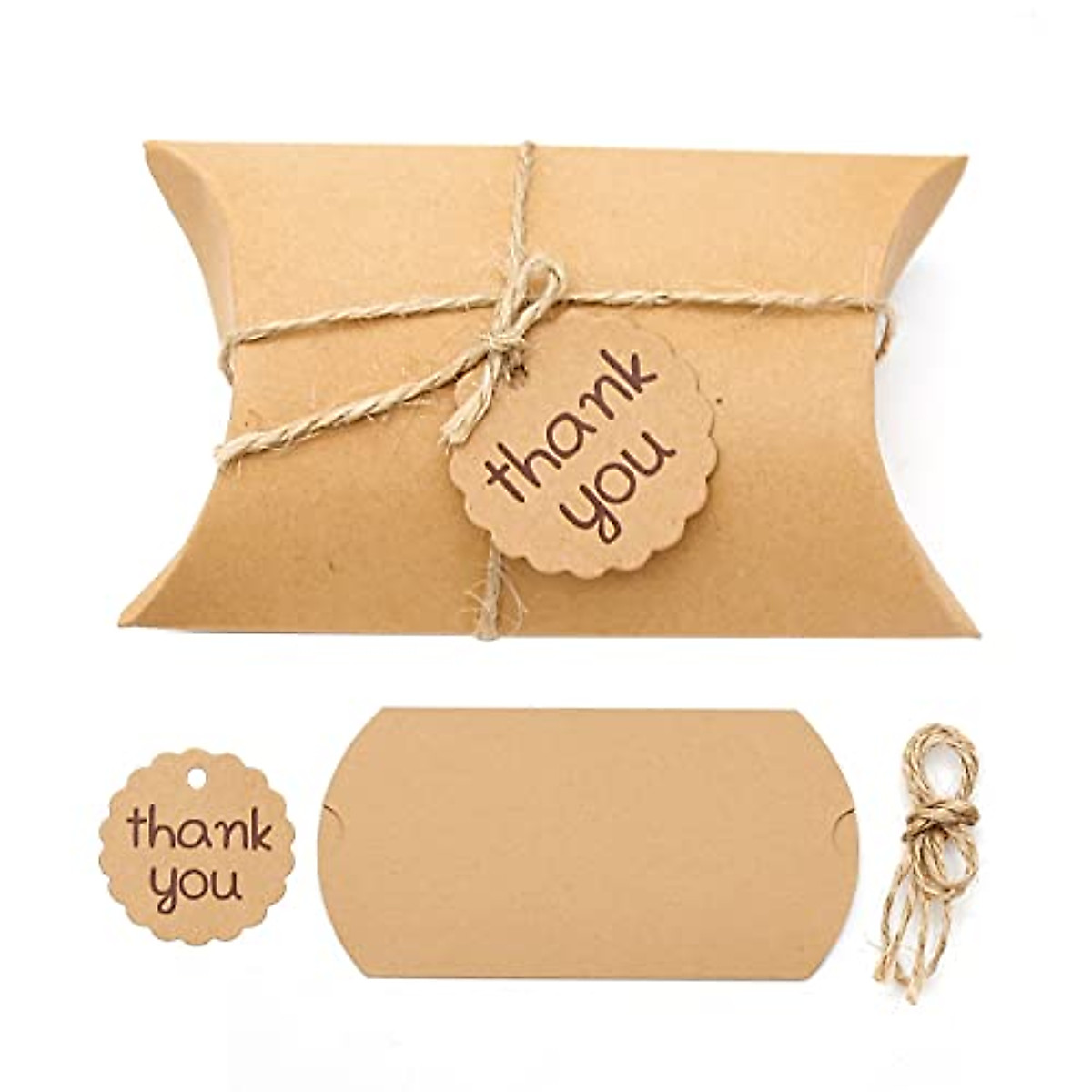 Saihisday 50PCS Kraft Pillow Boxes, 5.2x3.5x1.6 Inches Candy Favor Paper Box, Brown Gift Box with Tag for Candy Chocolate Bakery Birthday Graduation Wedding Party ("Thank you" Text Tag)